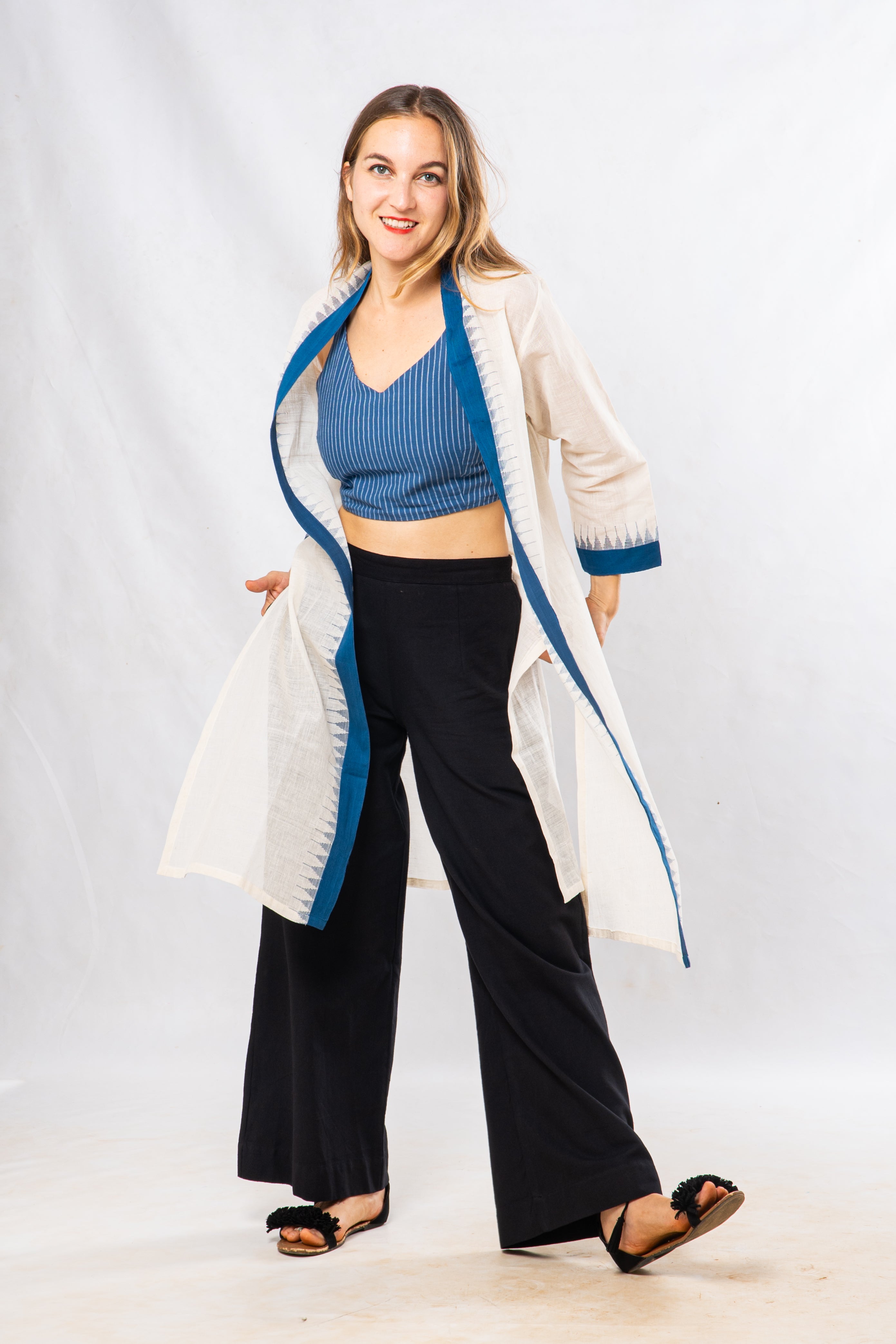 Blue Temple Border Khadi Cotton Long Jacket – Upasana Design Studio