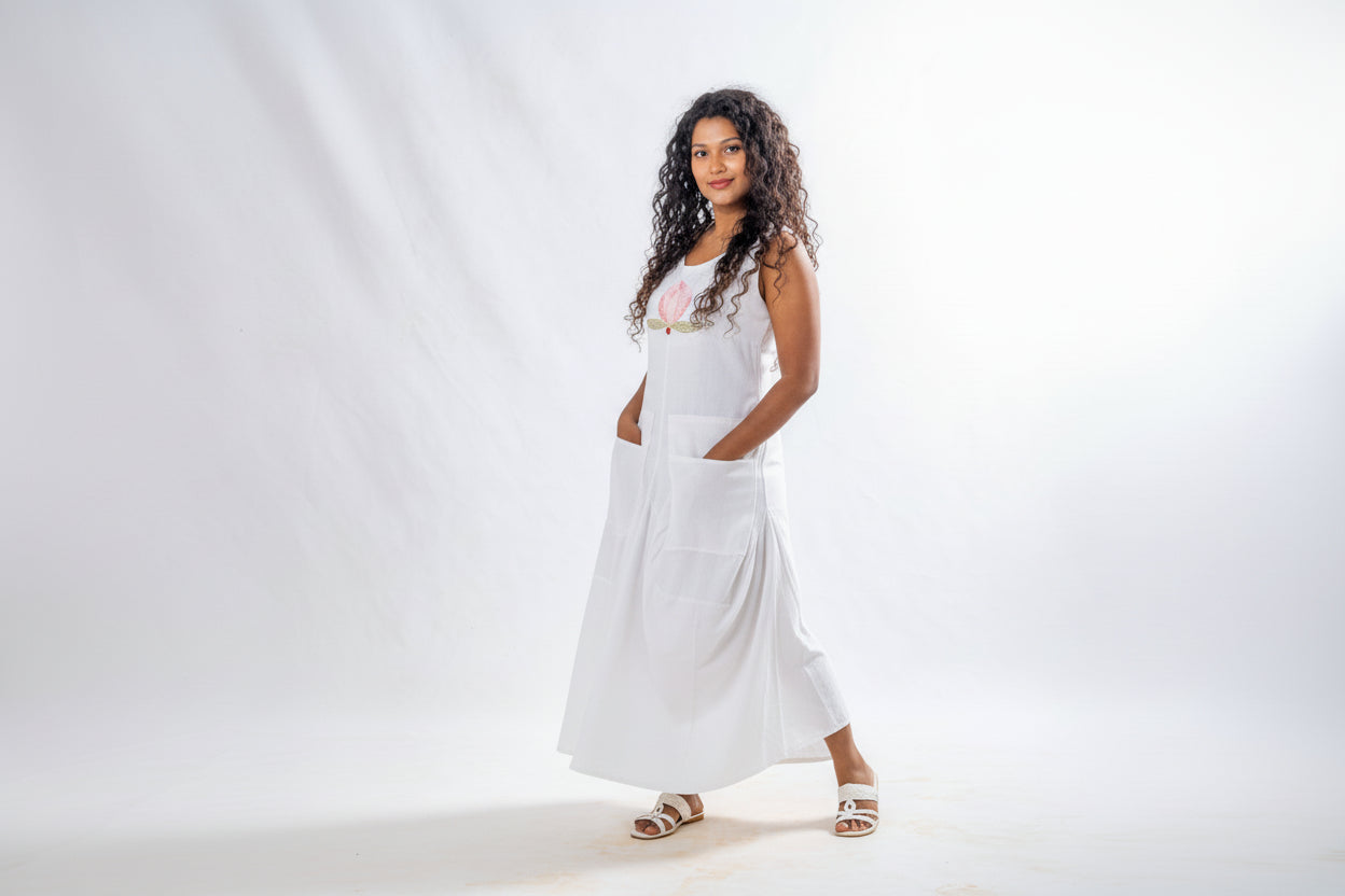 White Lotus Embroidered Hand Spun Khadi Dress – Upasana Design Studio