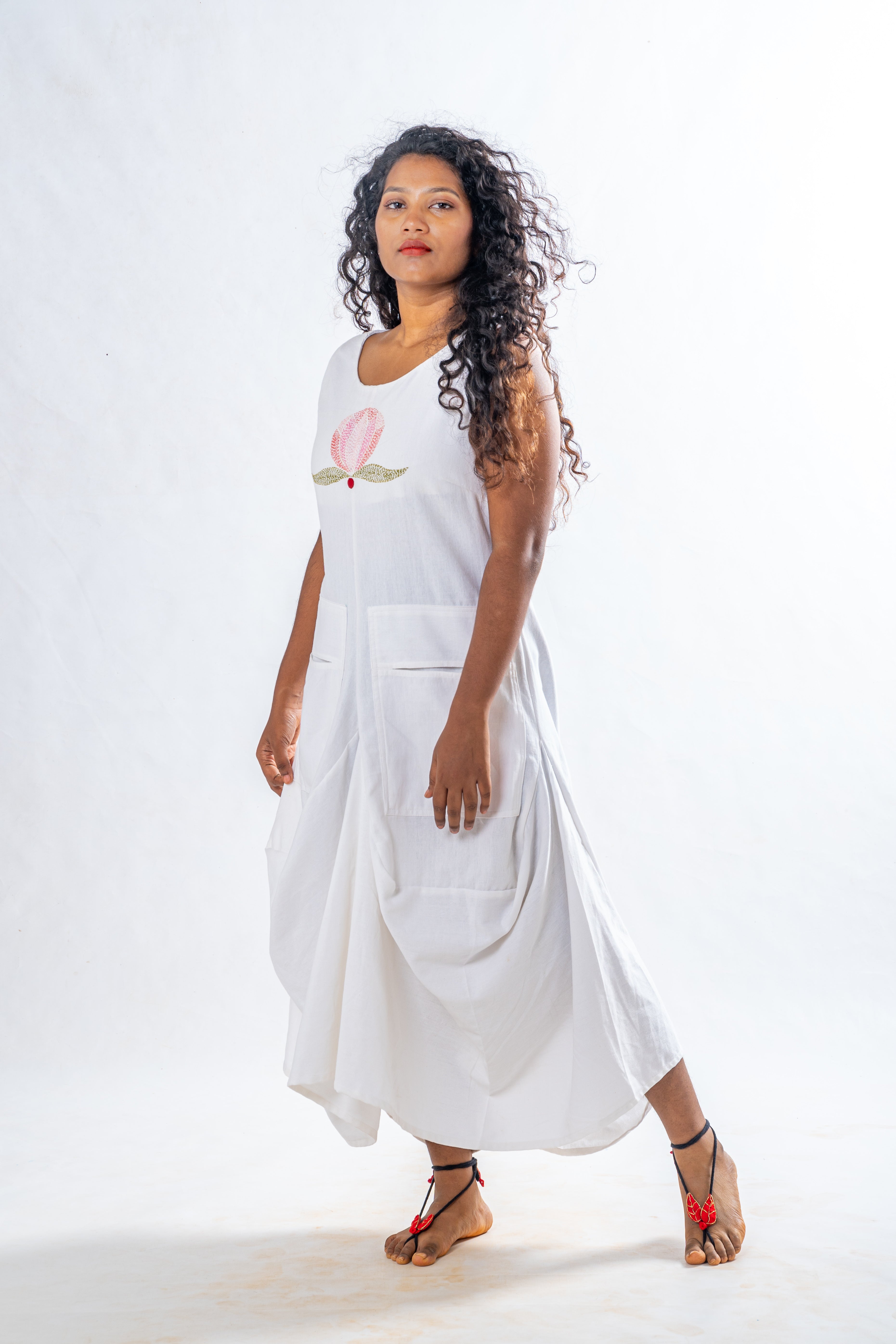 White Lotus Embroidered Hand Spun Khadi Dress – Upasana Design Studio