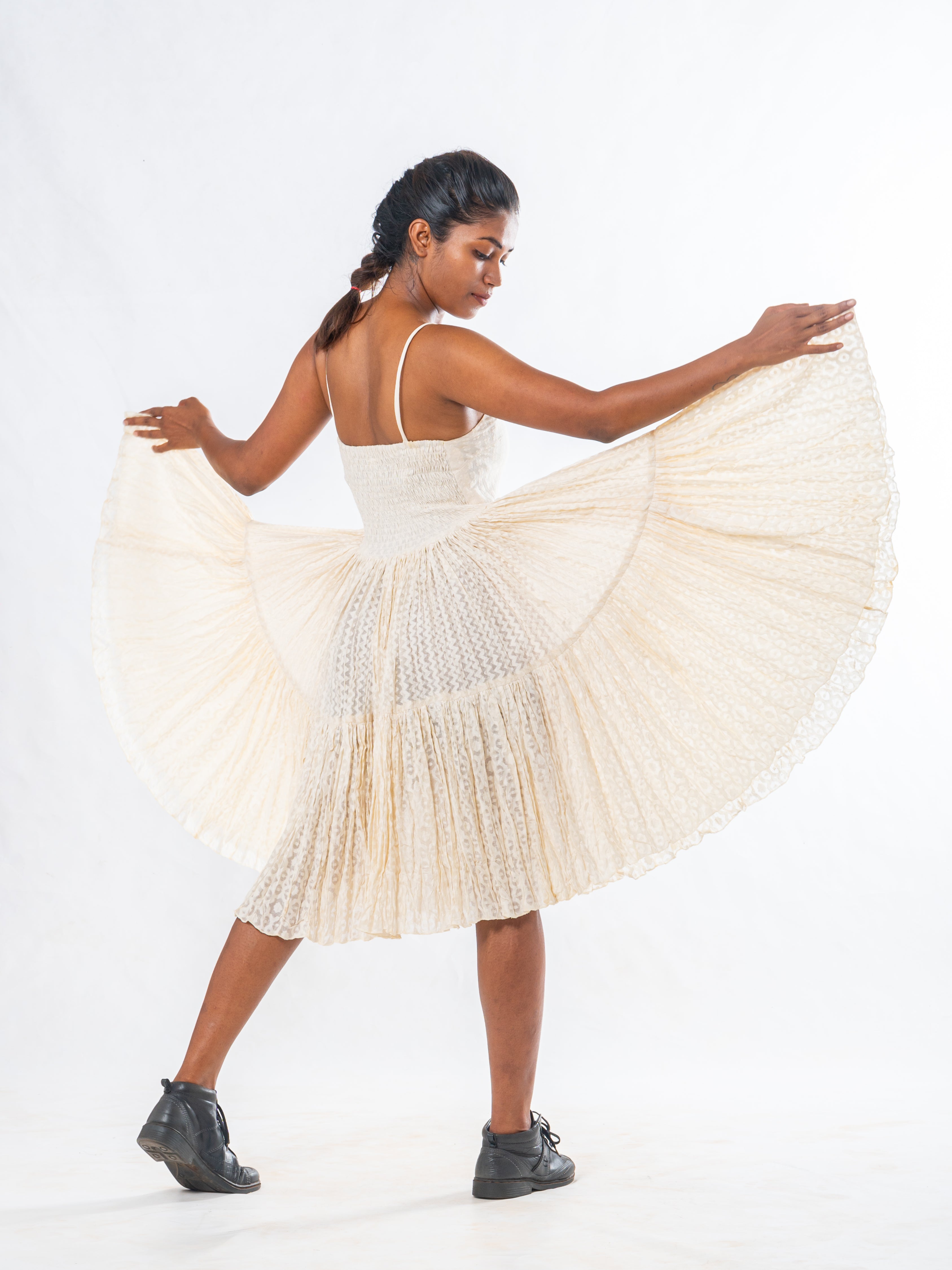 Off White Silk Cutwork Flared Dress – Upasana Design Studio