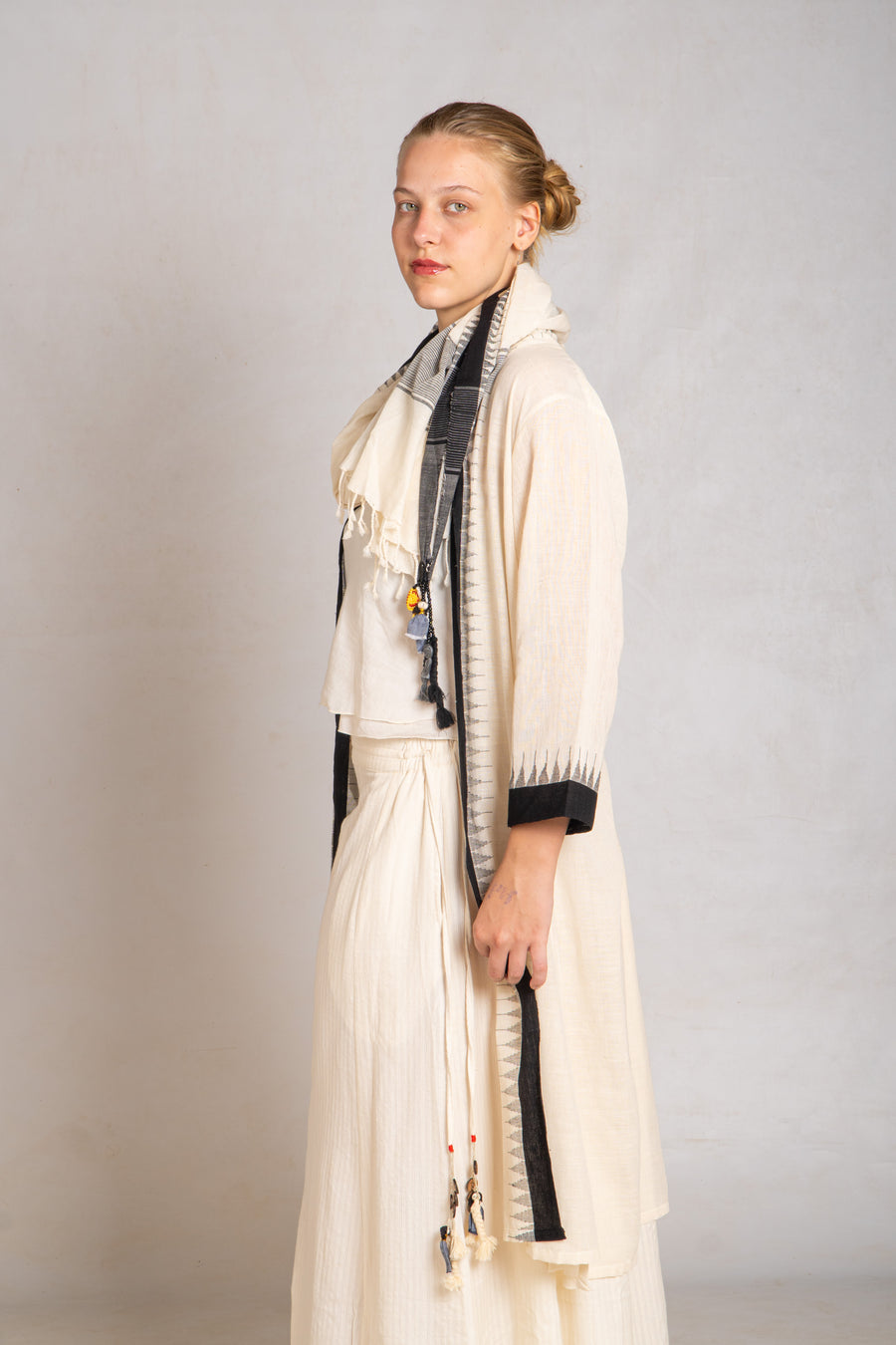 Set of 4: Off white & Black Temple border Jacket, Top, Plazzo pants an ...