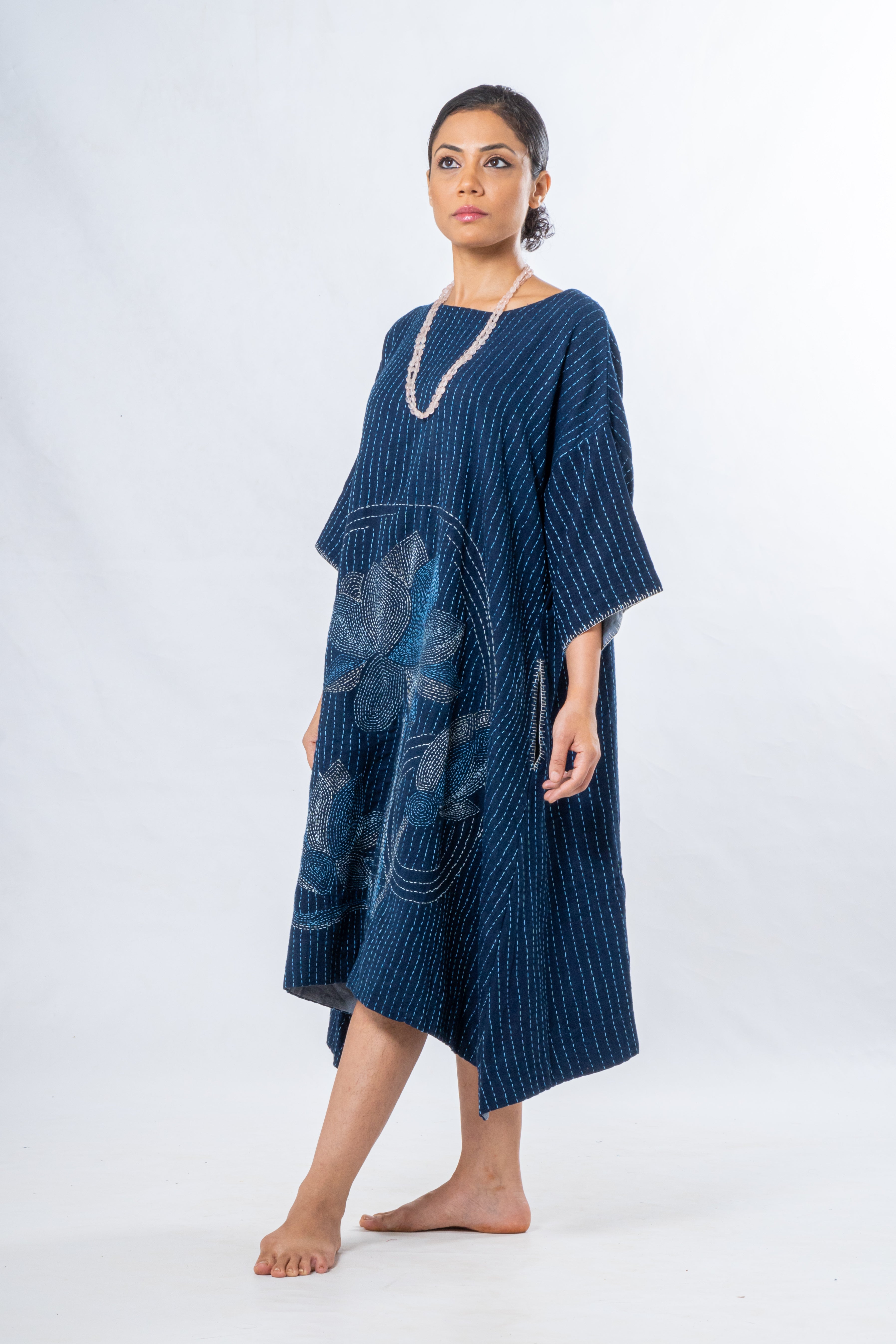 Indigo Hand Spun Khadi Lotus Embroidery Dress – Upasana Design Studio