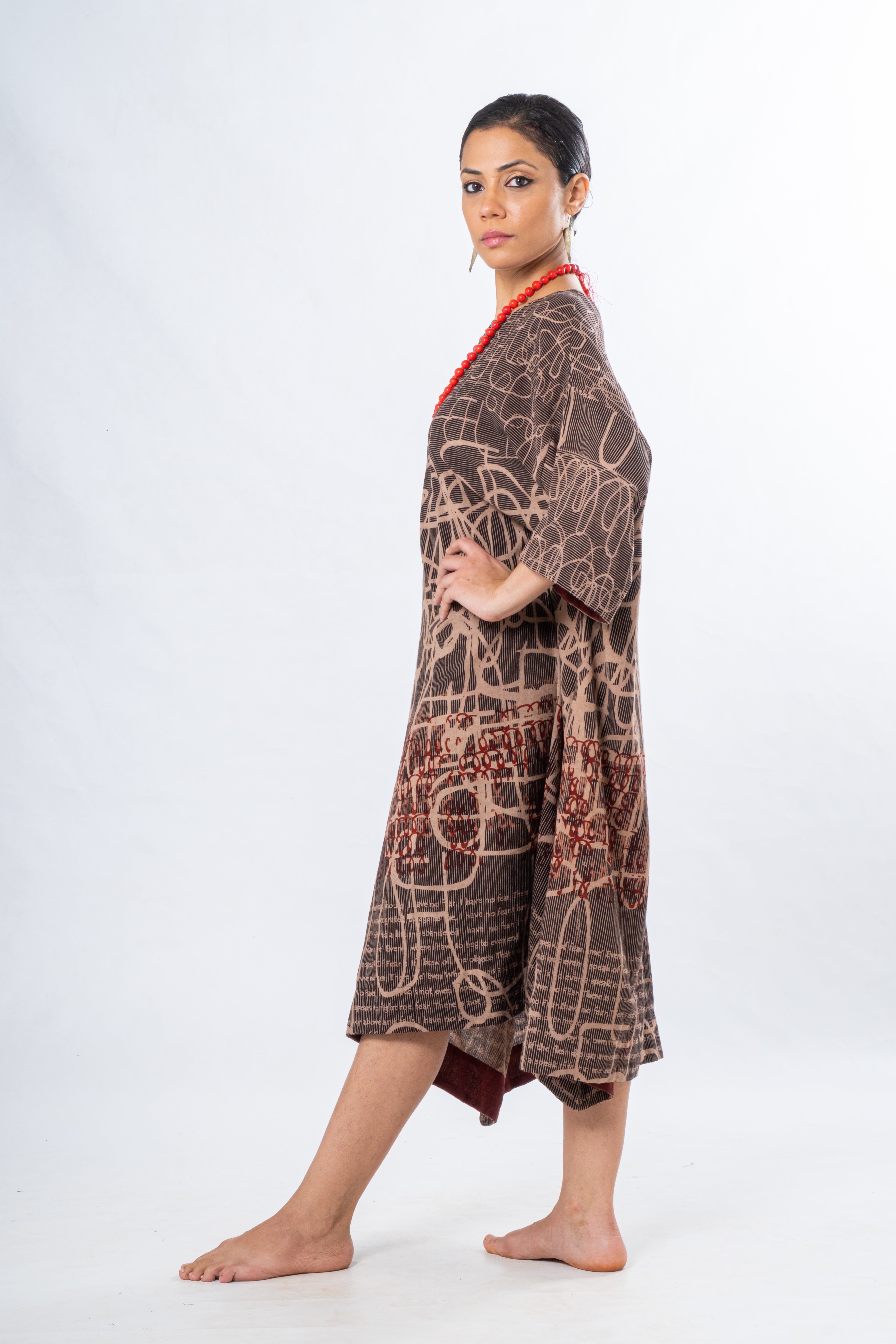 Brown Khadi Hand Block Printed Dress – Upasana Design Studio